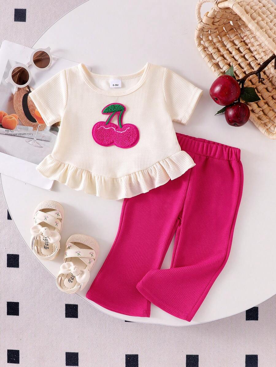 2 Stücke Baby Mädchen süßer Kirsche Stickerei Rüschen Saum Kurzarm Top ...