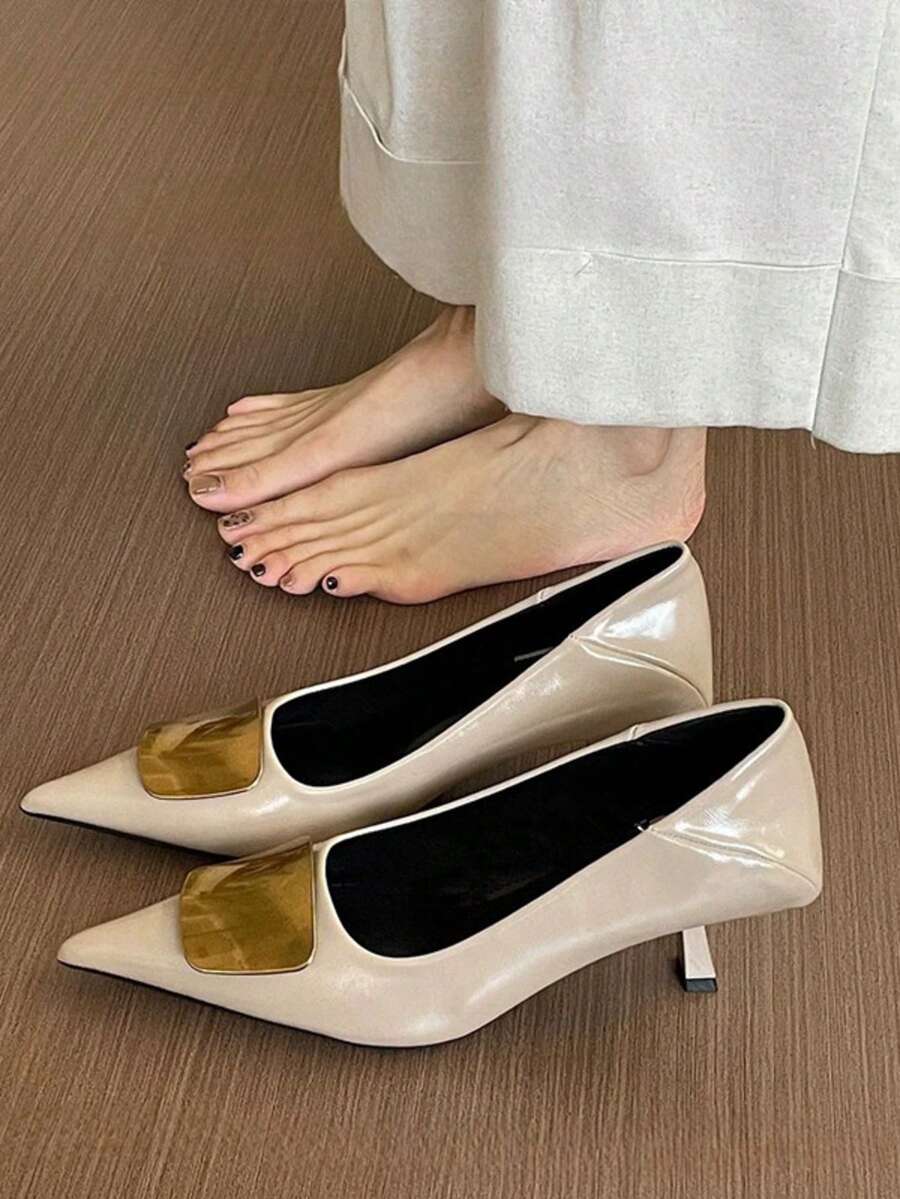 Elegant Basic Neutral PU Leather Buckle Outdoor High Heels | SHEIN USA