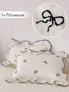 2pcs Bow Pattern Embroidery Pillowcases With Ruffles, Modern Cute ...