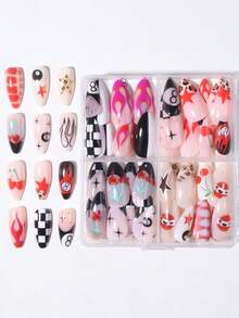 96pcs(4mixed/Box) Almond Black & White Grid French Tip Press On Nails ...