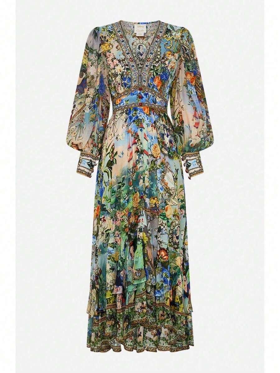 Dresses For Women,Women's Printed V-Neck Long Sleeve Puff Sleeve Waist ...