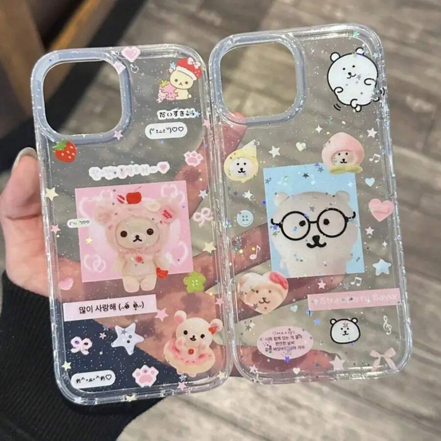 2026 Hot,INS Japan Cute Cartoon Couple Glitte Pink Blue Bear Phone Case ...