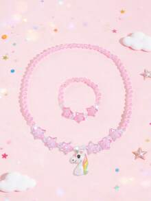 2pcs/Set Cute Unicorn Pendant Beaded Necklace & Bracelet Jewelry Set ...