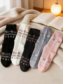 5 Pairs Random Spring/Summer Fair Isle White Bow & Heart Pattern Korean ...