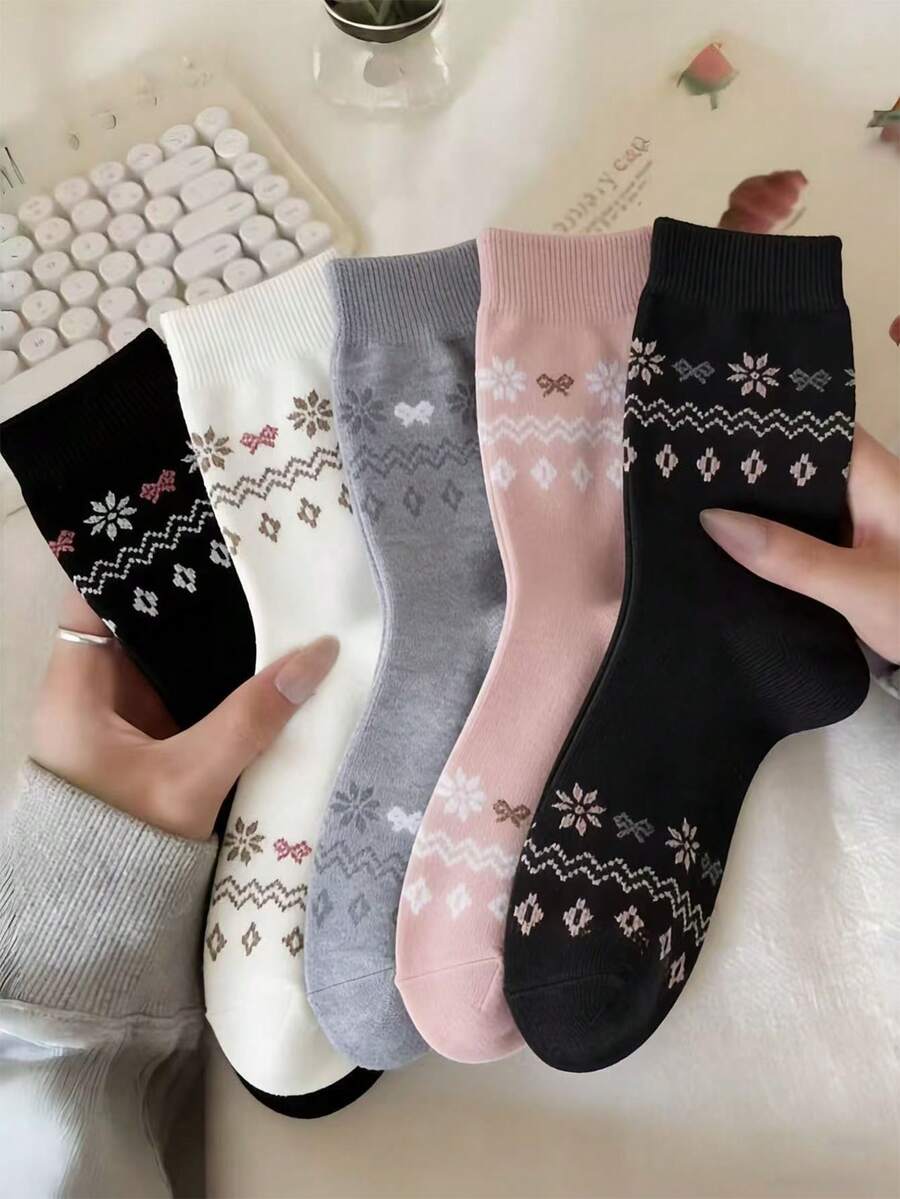 5 Pairs Random Spring/Summer Fair Isle White Bow & Heart Pattern Korean ...