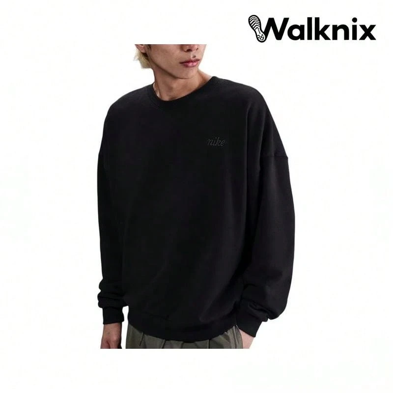 Nike Solid Color Crew Neck Pullover Long Sleeve Loose Sweatshirt Black ...