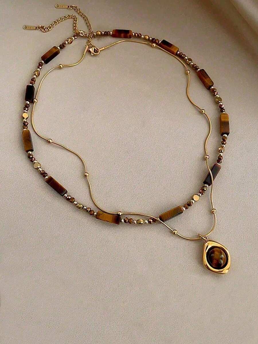 1pc/Set Vintage Elegant Multi-Layer Tiger Eye Stone Pendant Necklace ...