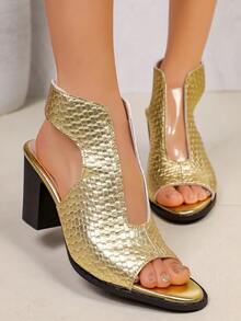 2025 New High Heel Sandals/Open Toe Snake Skin Texture Chunky Heels ...