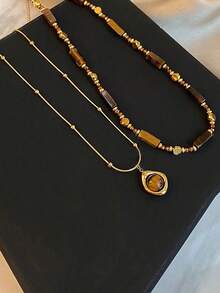 1pc/Set Vintage Elegant Multi-Layer Tiger Eye Stone Pendant Necklace ...