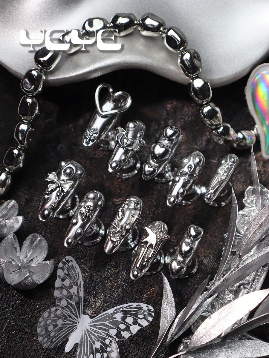 10pcs Almond-Shaped Handmade Solid Metallic Silver Glossy False Nail ...