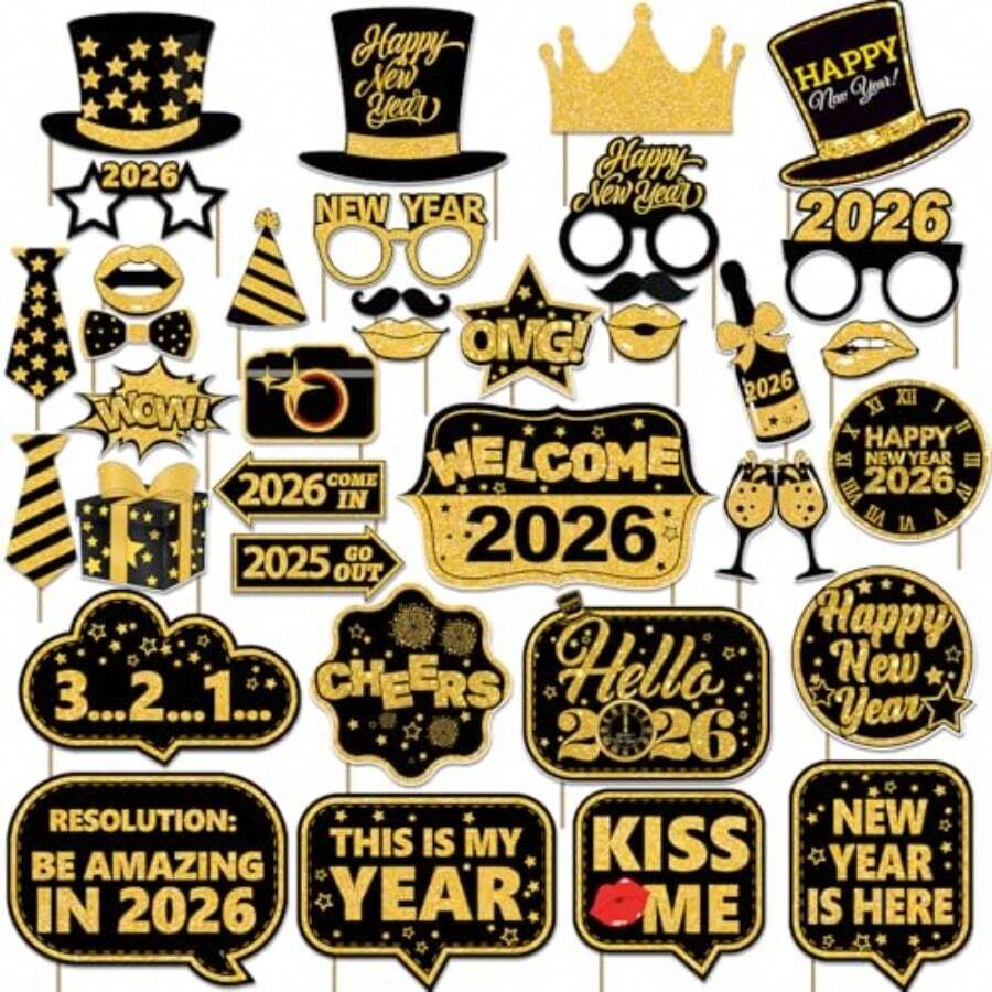 36 Pcs New Years Photo Booth Props New Years Eve Photo Props 2026 Happy ...