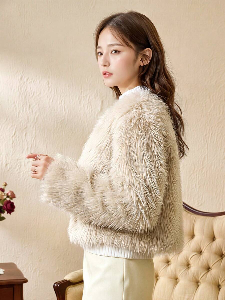 Chaqueta de manga larga con forro de piel sintética color caqui para ...