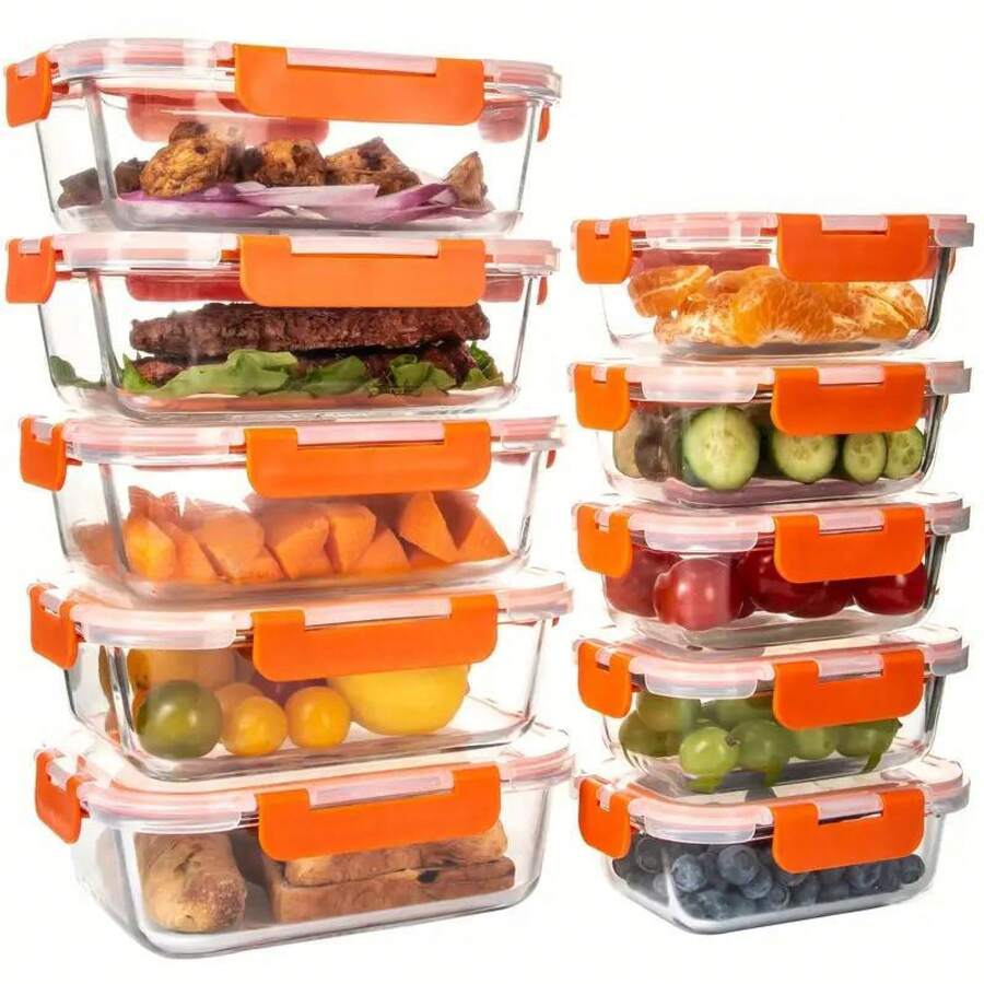 20-Pack Premium Glass 10 Containers + 10 Lids Borosilicate Glass Food ...