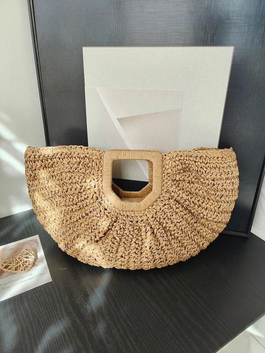 1pc Large Capacity Pleated Semi-Circle Woven Tote Bag, Solid Color ...