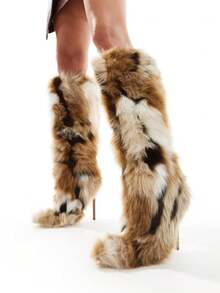 Women'S Faux Fur Knee High Boots Pointed Toe Thin Heel Parties Dress ...