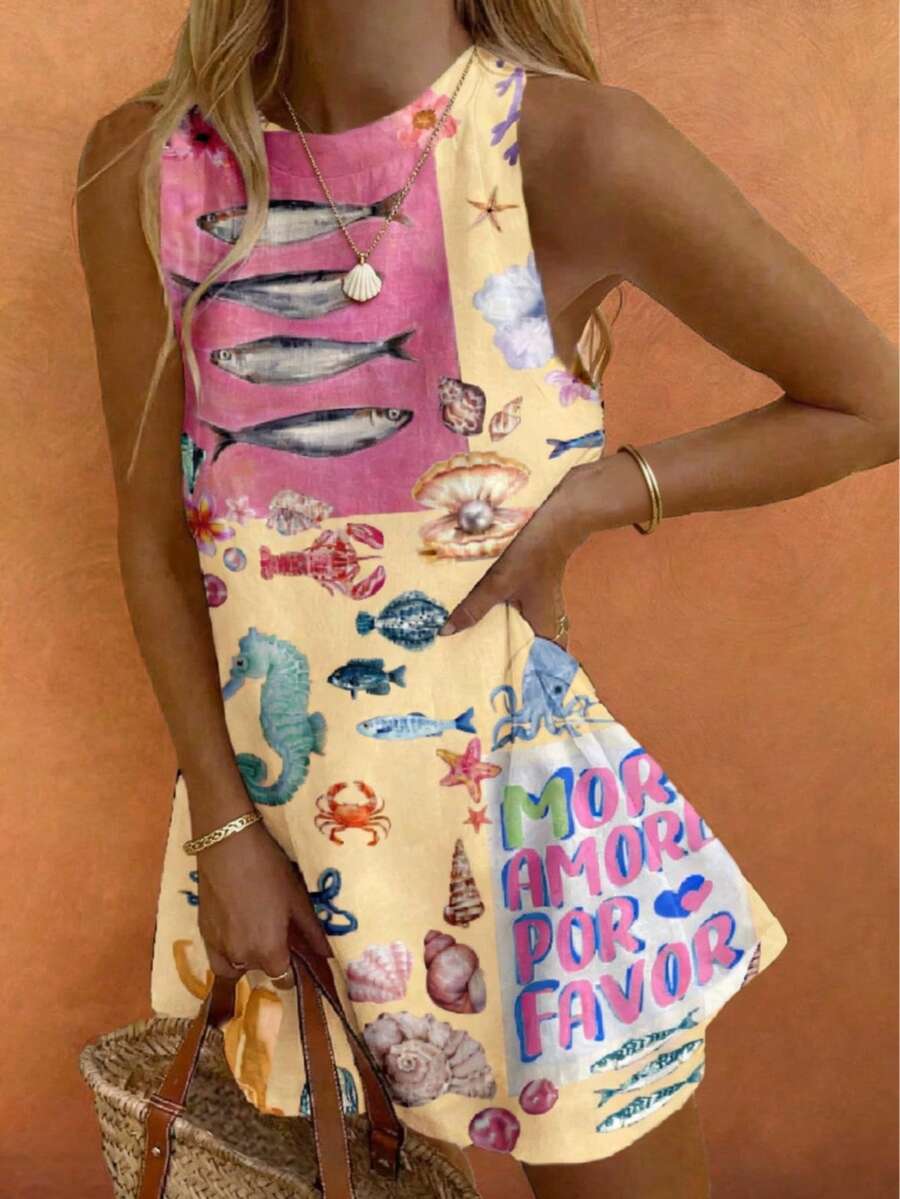 Sea Starshine ปลาซาร์ดีนเขตร้อน & โลกใต้ทะเล พิมพ์ลายตัวอักษร ชุดเดรส ...