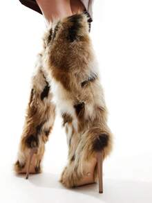 Women'S Faux Fur Knee High Boots Pointed Toe Thin Heel Parties Dress ...