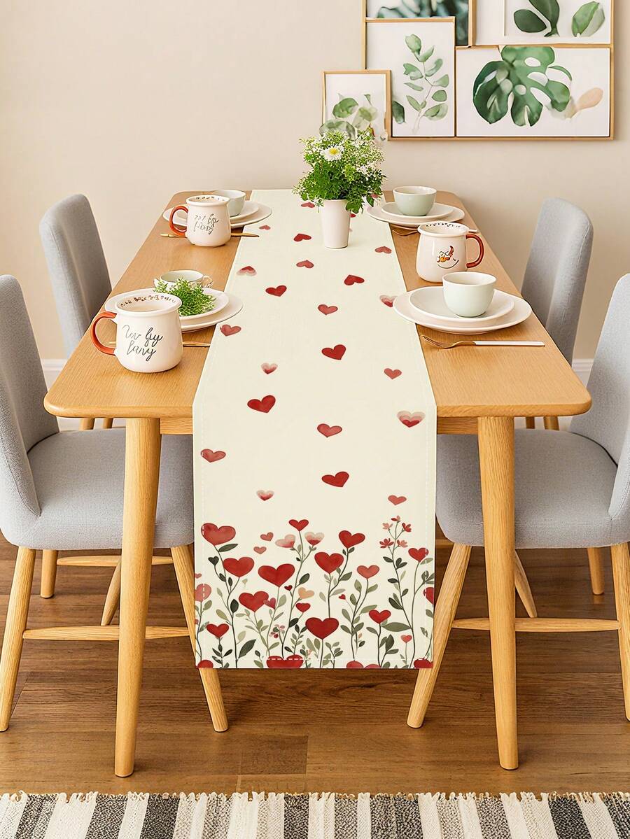 1 PC Red Heart Flower Table Runner Valentine's Day Home Restaurant ...