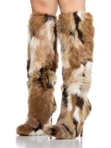 Women'S Faux Fur Knee High Boots Pointed Toe Thin Heel Parties Dress ...