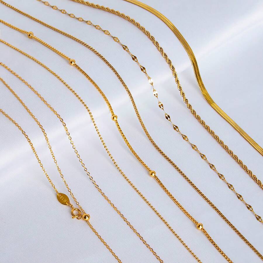 18K Gold Plain Chain Necklace For Women O-Chain Clavicle Chain Snake ...