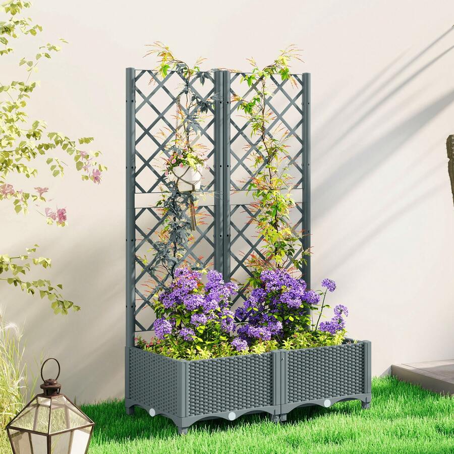 Outsunny Raised Garden Bed With Trellis, Plastic Planter Box With ...
