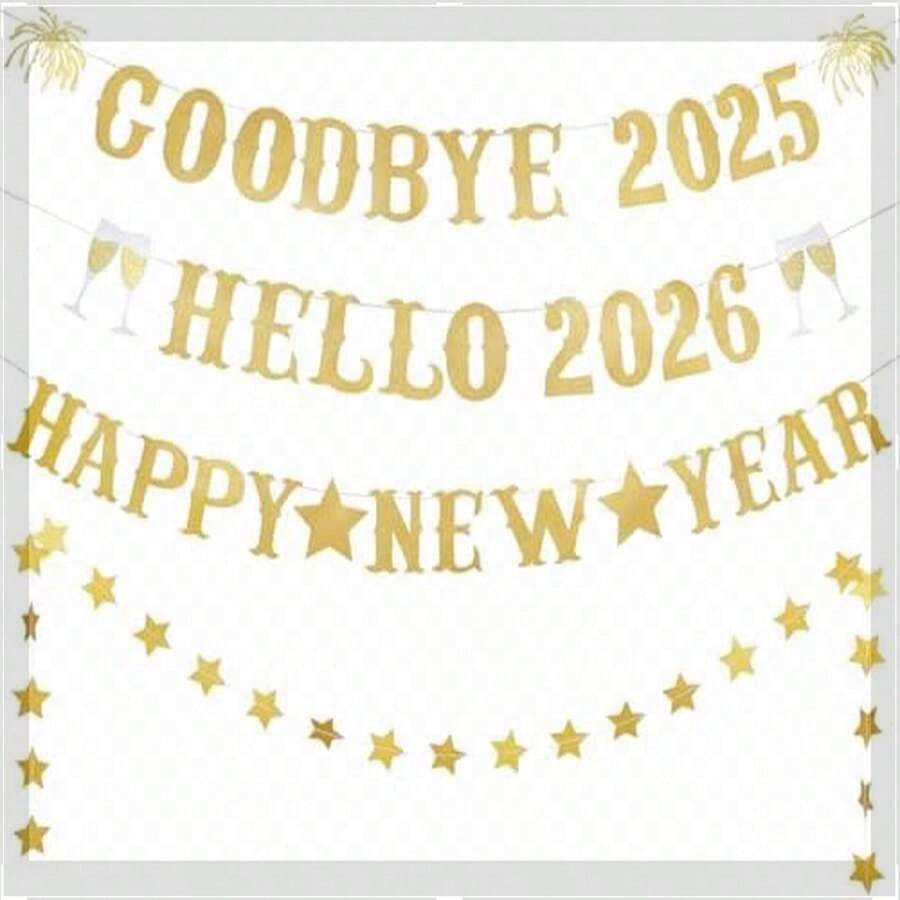 Gold Glitter Goodbye 2025 Hello 2026 Banner Happy New Year 2026 Banner ...