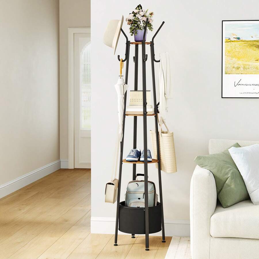 Hzuaneri Coat Stand, Coat Rack With 16 Hooks And 1 Basket, Metal Coats ...