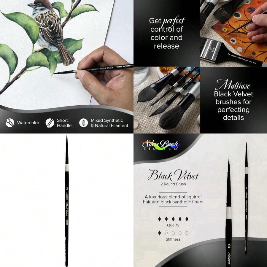 3000S-2 Black Velvet Round Paintbrush For Watercolor Gouache Inks And ...