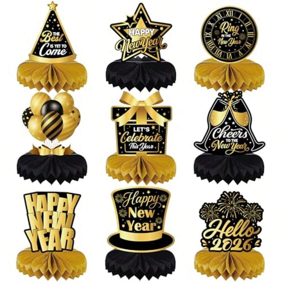New Years Eve Table Centerpieces 2026 - Black And Gold Honeycomb ...