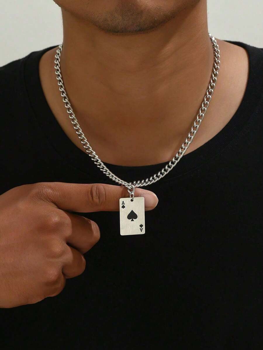 1 Pc Men's Stainless Steel Fashion Poker Series Pendant Necklace Street ...