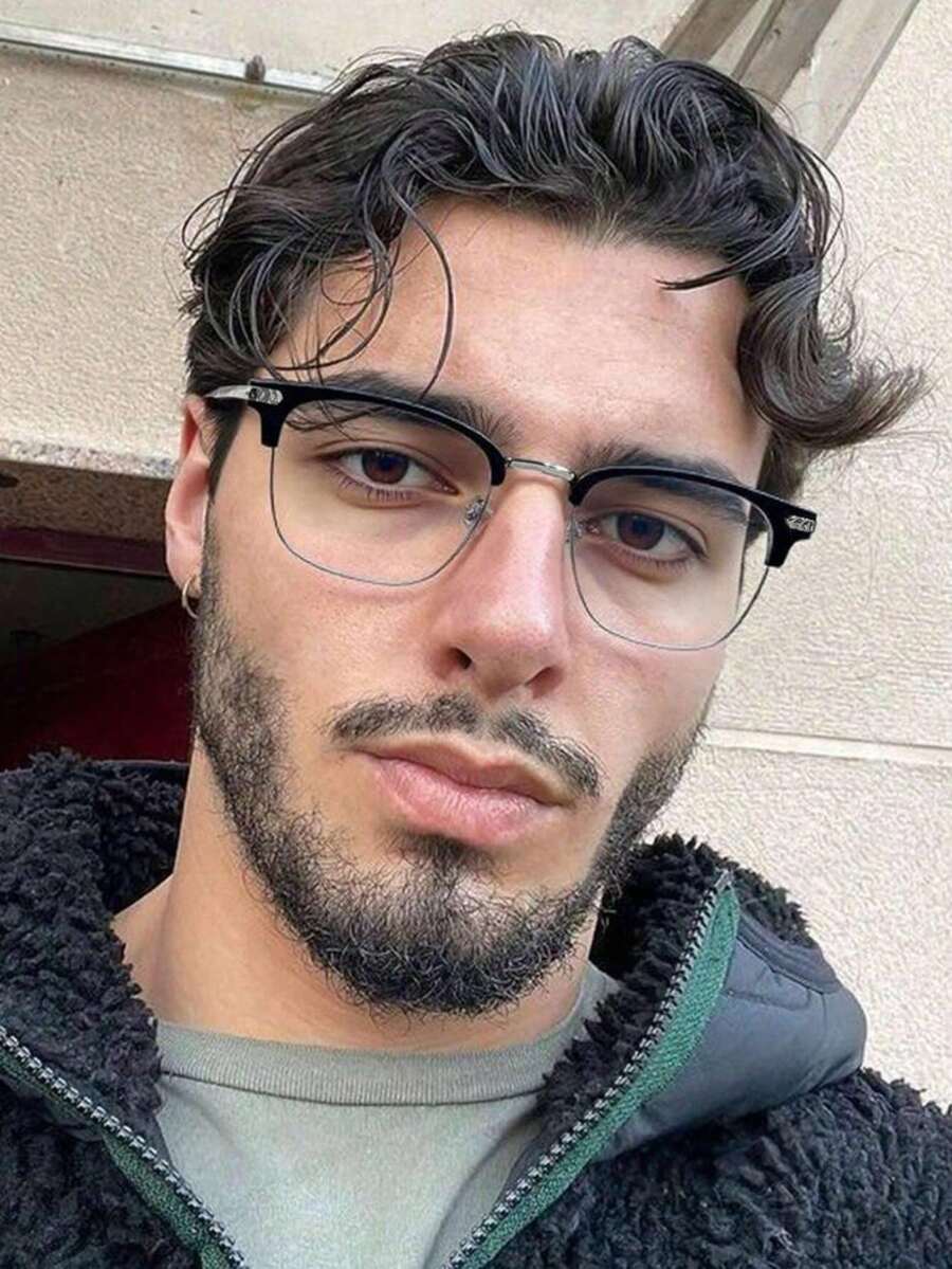 1 Pair Men's Metal Half-Frame Square Casual Lightweight Transparent ...