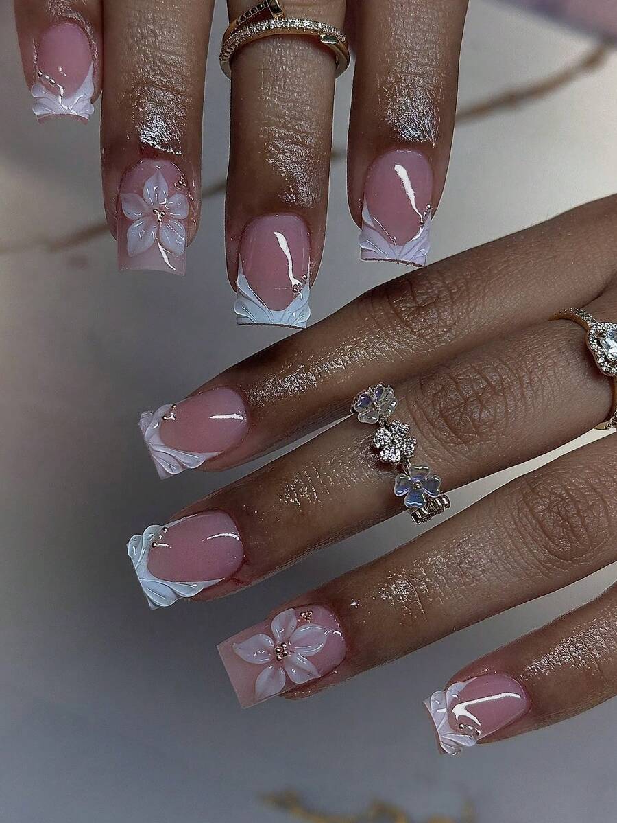 24pcs Short Square White French Flower Acrylic Press-On Nails, Cute ...