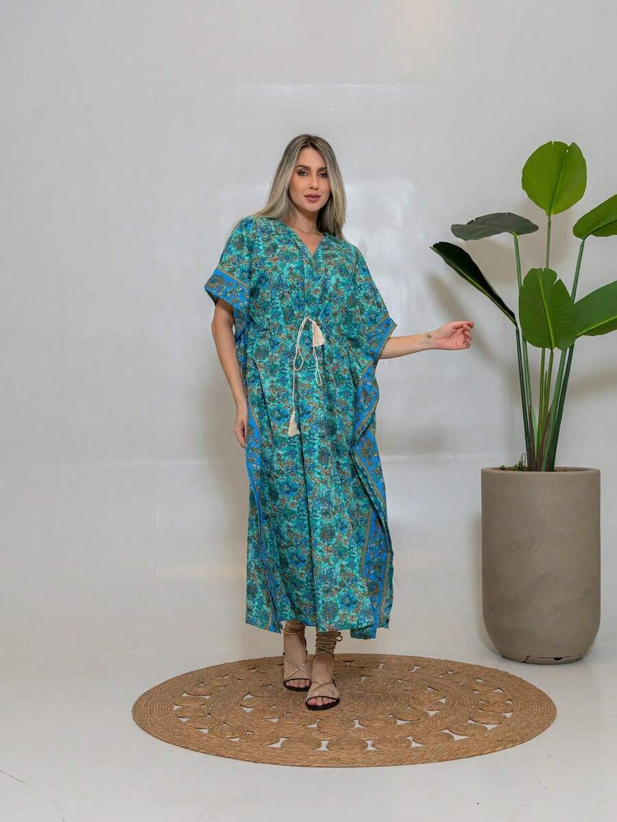 MIA BRAZIL Vestido Longo Boho Estampado Amarelo, Manga Ampla, Amarração ...