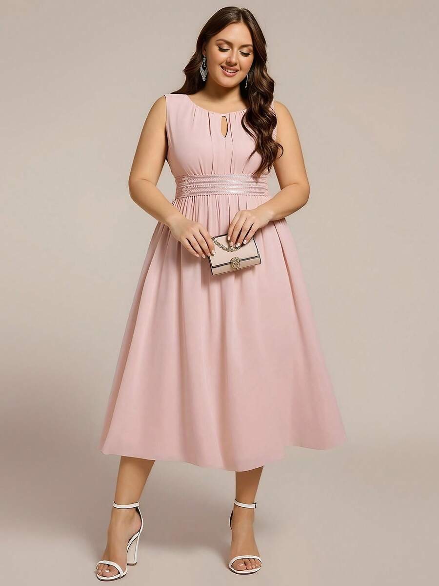 Plus Ladies' Sweet Elegant Chiffon Waist-Defining Pink Bridesmaid Dress ...