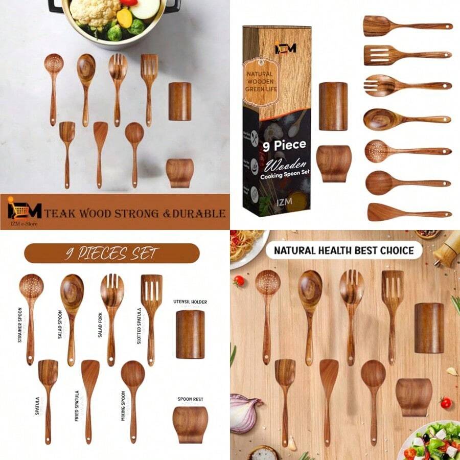 9 Pieces Wooden Utensil Set Premium Cooking Spoons Wood Cooking ...