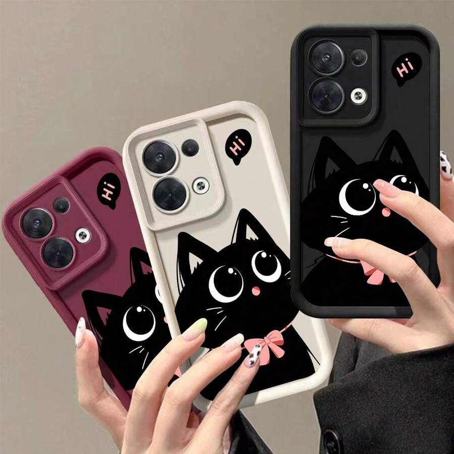 Black Cat Print Text "Hi" Phone Case, Korean Minimalist Style, "Sky Eye ...