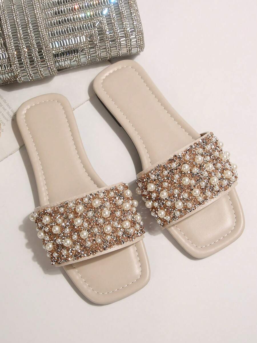 Fashionable & Luxurious Women's Flat Sandals, Pearl & Rhinestone Decor ...