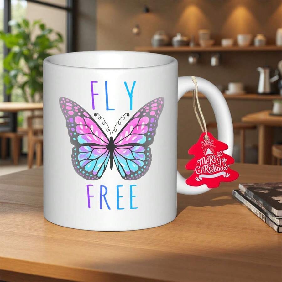 1pc Fly Free Butterfly Mug - Colorful Butterfly Design With "Fly Free ...