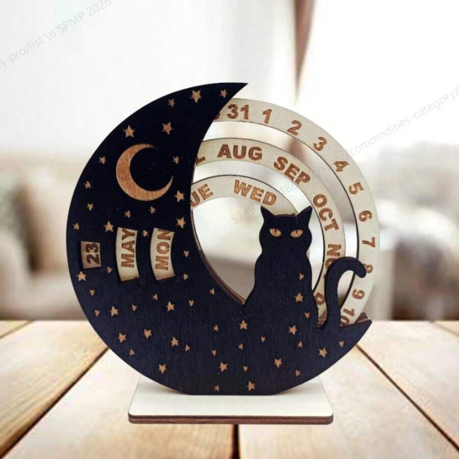 Calendario in legno rustico a forma di luna con lupo e gatto, stile ...