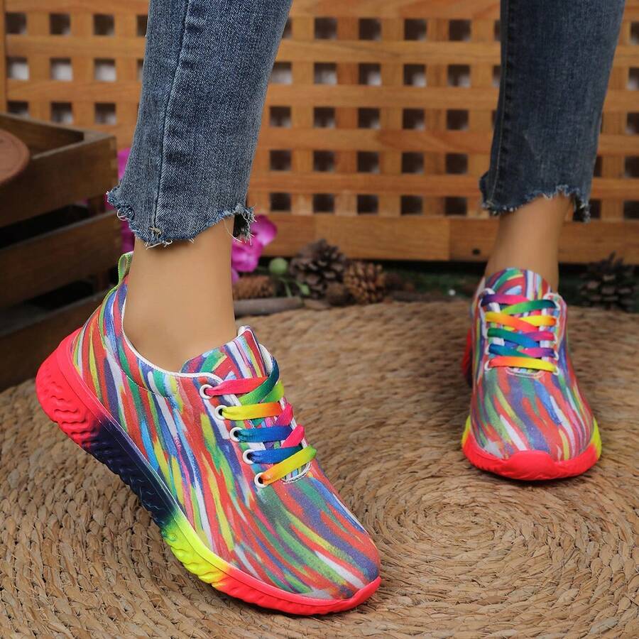 Women's Vibrant Colorful Graffiti Lace-Up Platform Sneakers - Casual ...