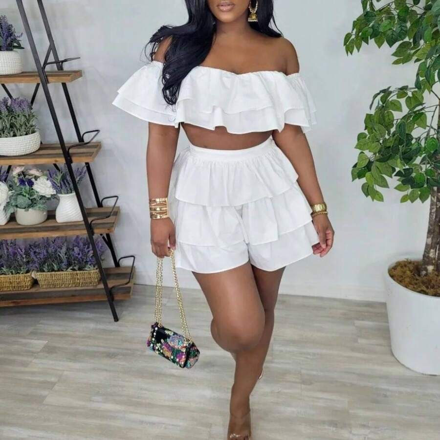 2pcs/Set Plus Size Sexy Solid Color Ruffle Off-Shoulder Crop Top ...