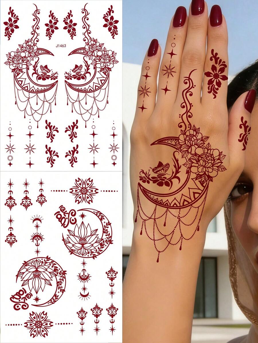 1 Sheet Moon & Flower Maroon Henna Temporary Tattoo Stickers, Mehndi ...