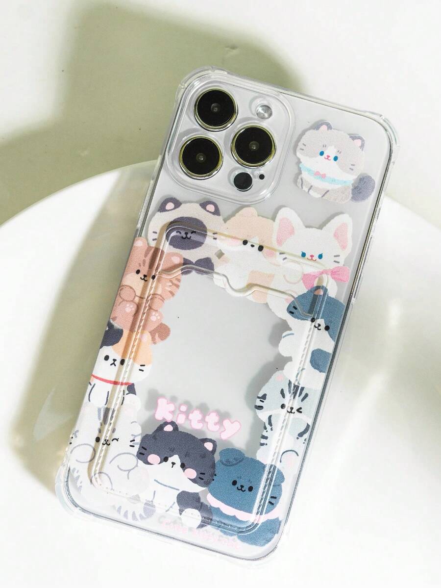 1pc Transparent Full-Coverage Anti-Fall Cute Cartoon Cat Card Slot TPU ...