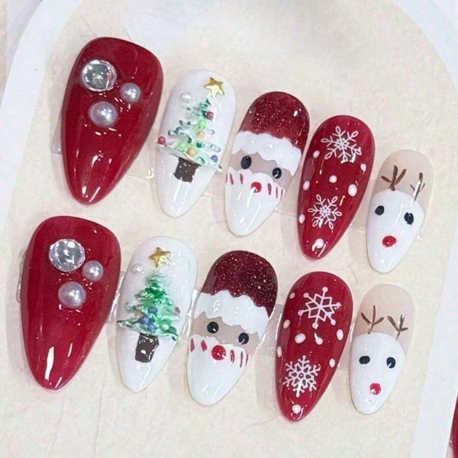 24 Pieces Of Christmas Explosive Almond Wearable Nails Santa Claus ...