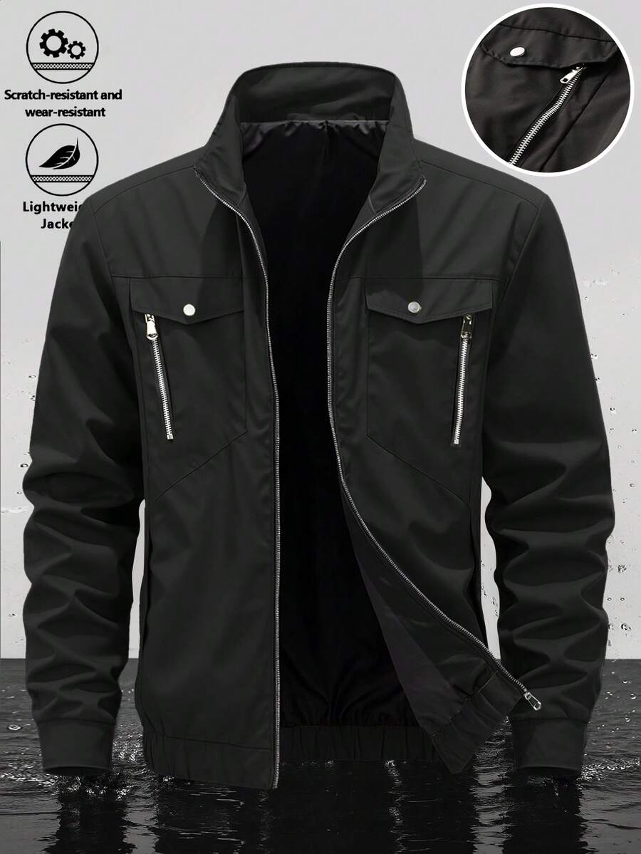 Men's Stand Collar Jacket With Double Zipper Pockets And Metal Button ...