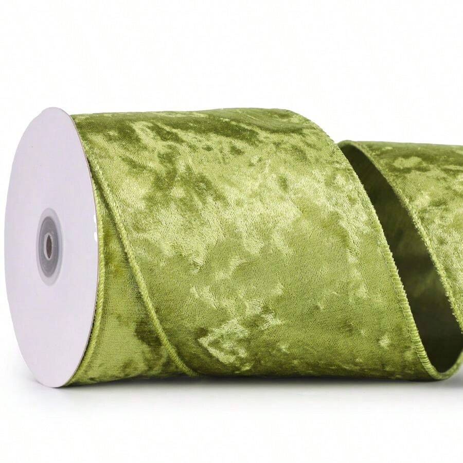 4 Inch Moss Green Crushed Velvet Ribbon Wired Extra Wide For Christmas ...