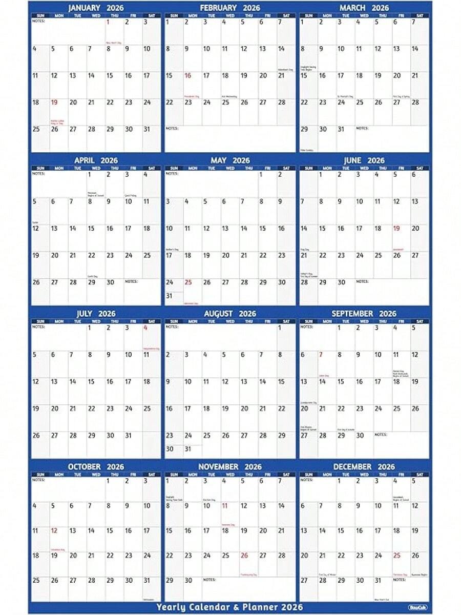 Yearly Wall Calendar 2026 - Large Yearly Calendar 2026 Vetical, Jan ...