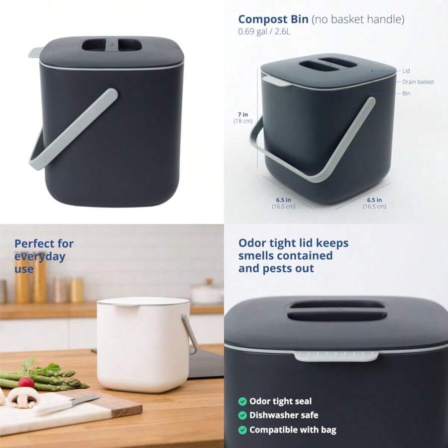 Kitchen Compost Bin [2.6L] Filter-Free Odor-Tight Countertop Food Waste ...