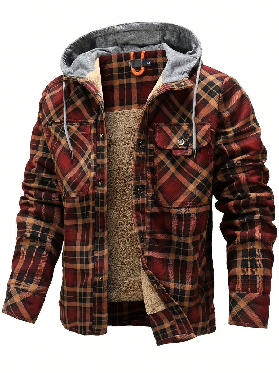Men's Casual Plaid Shirt-Style Hooded Jacket With Fleece Lining. | شي إن