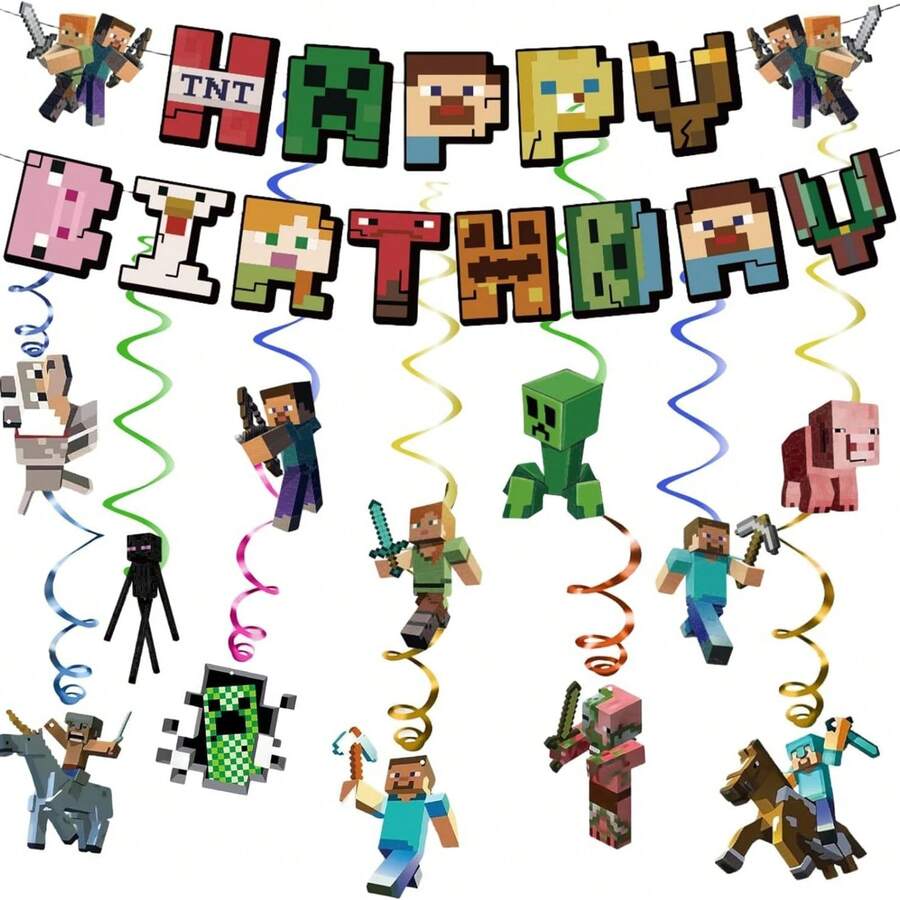 Minecraft Spiral Theme Party Decorations, Children's Birthday Flag ...